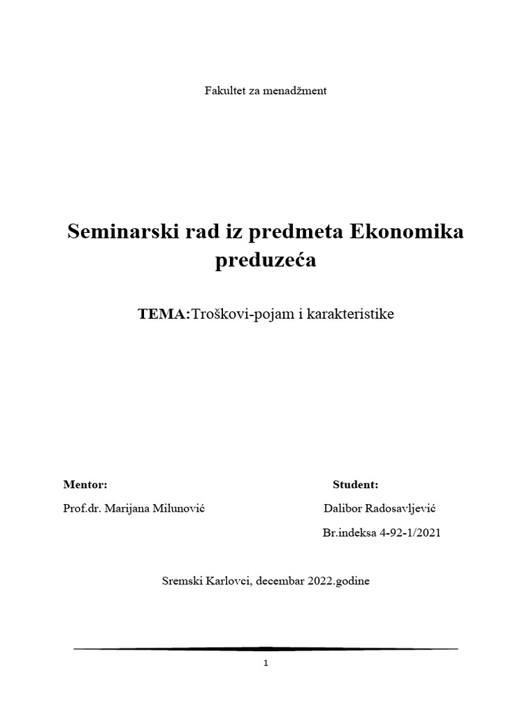 Seminarski Rad - Pojam I Vrste Troškova | PDF