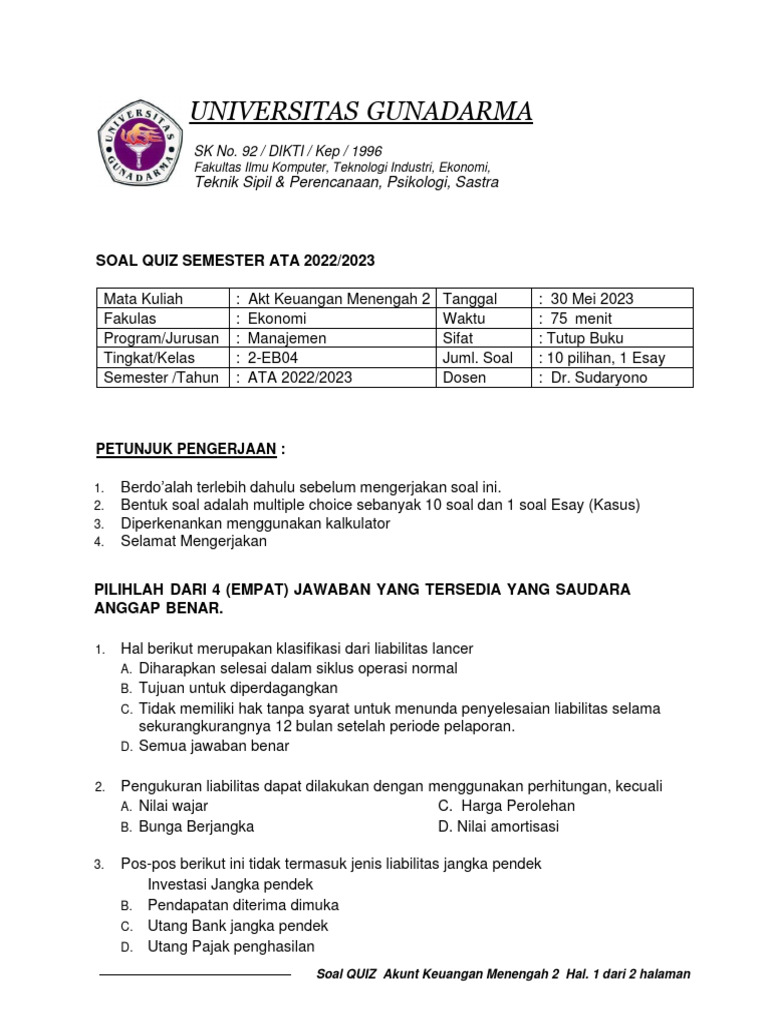 Soal Quiz Akt Keu Menengah Ata 2022 | PDF