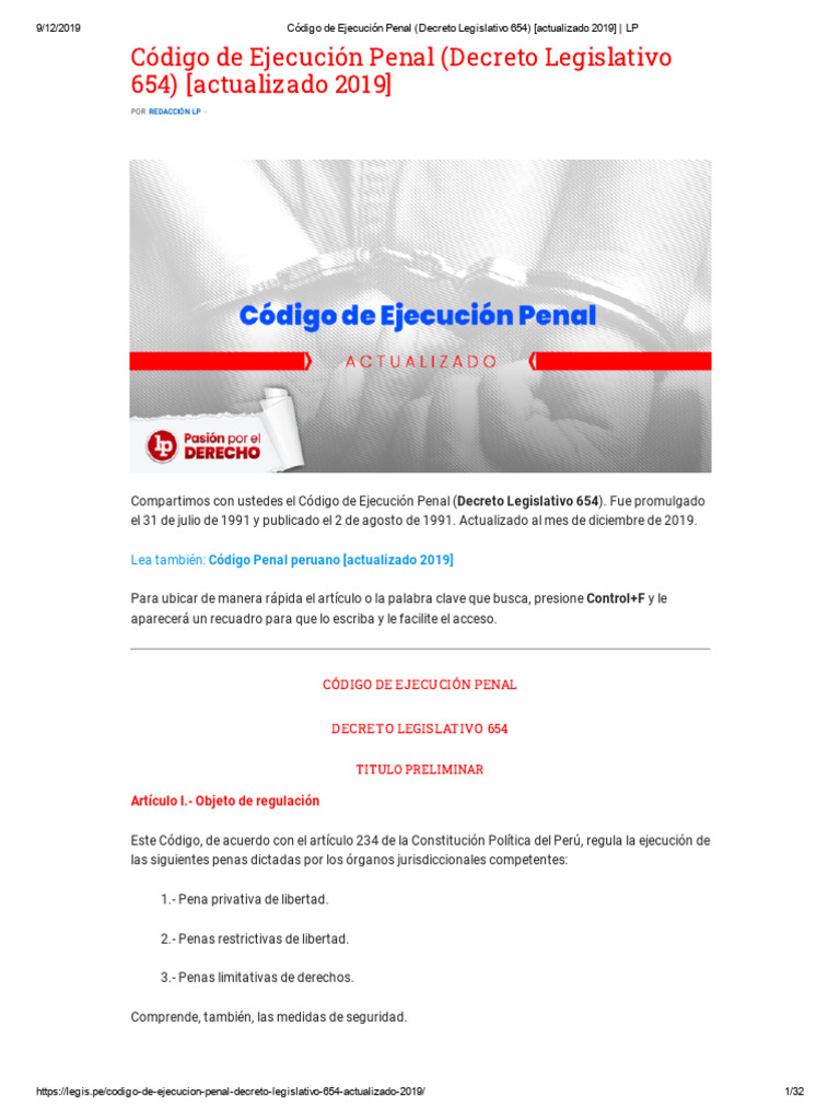 Código de Ejecución Penal (Decreto Legislativo 654) (Actualizado 2019 ...