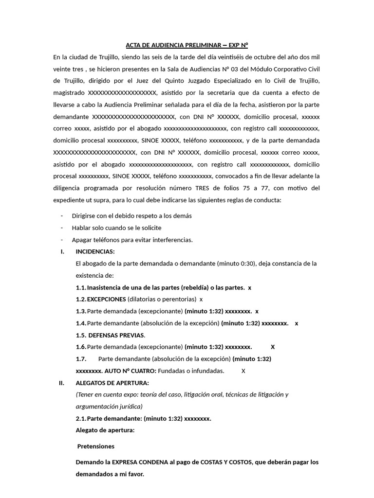 Modelo de Acta de Audiencia Preliminar | PDF