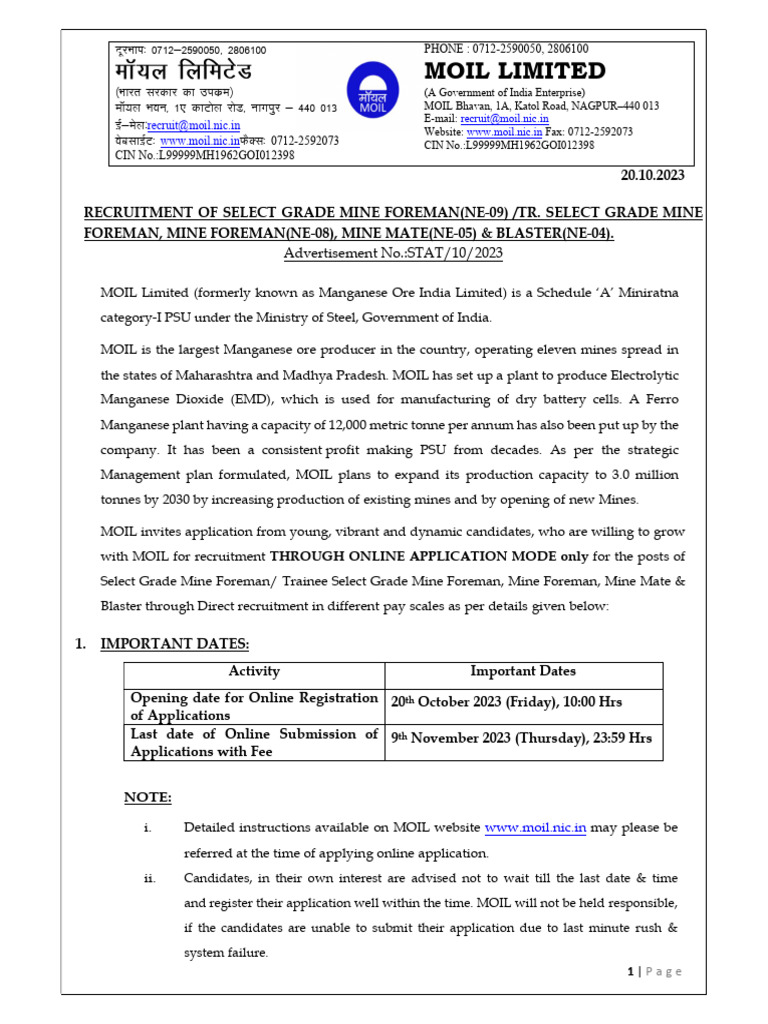 Moil Limited: Recruit@moil - Nic.in WWW - Moil.nic - in | PDF | Image ...