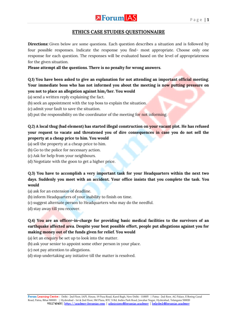Ethics Case Studies Questionnaire | PDF