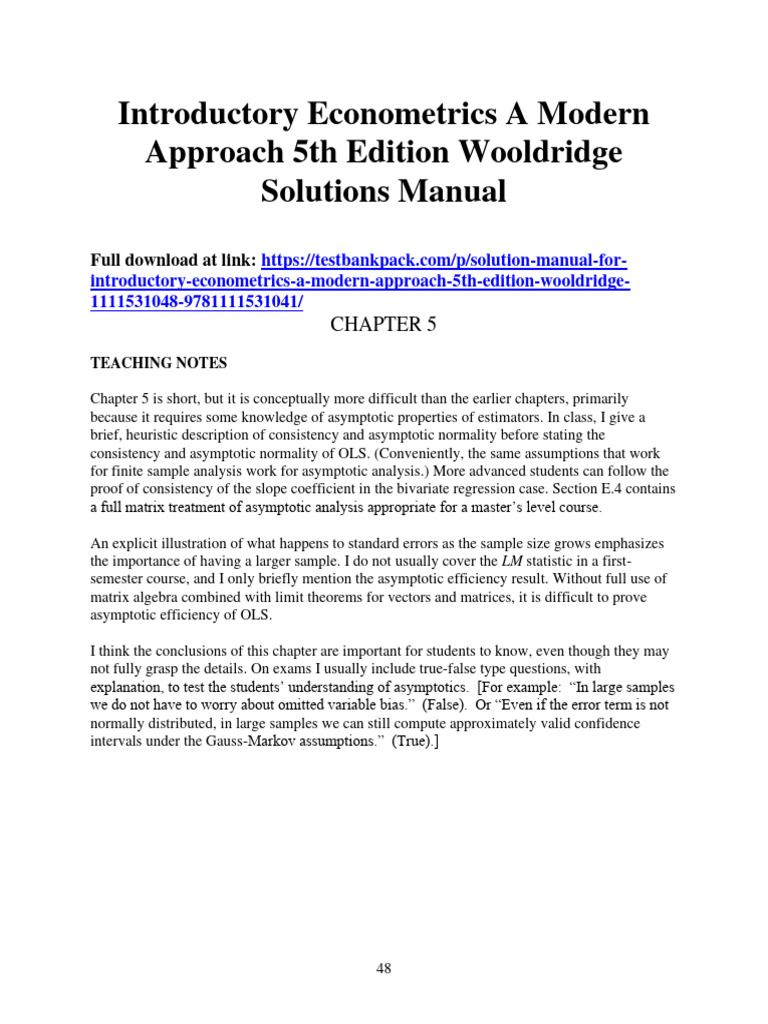 Introductory Econometrics A Modern Approach 5th Edition Wooldridge Solutions Manual 1 | PDF