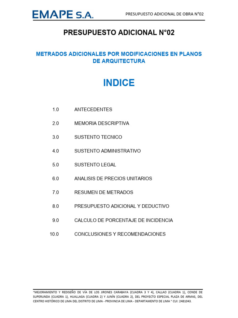 Adicional de Obra N°02 - Obras Civiles | PDF