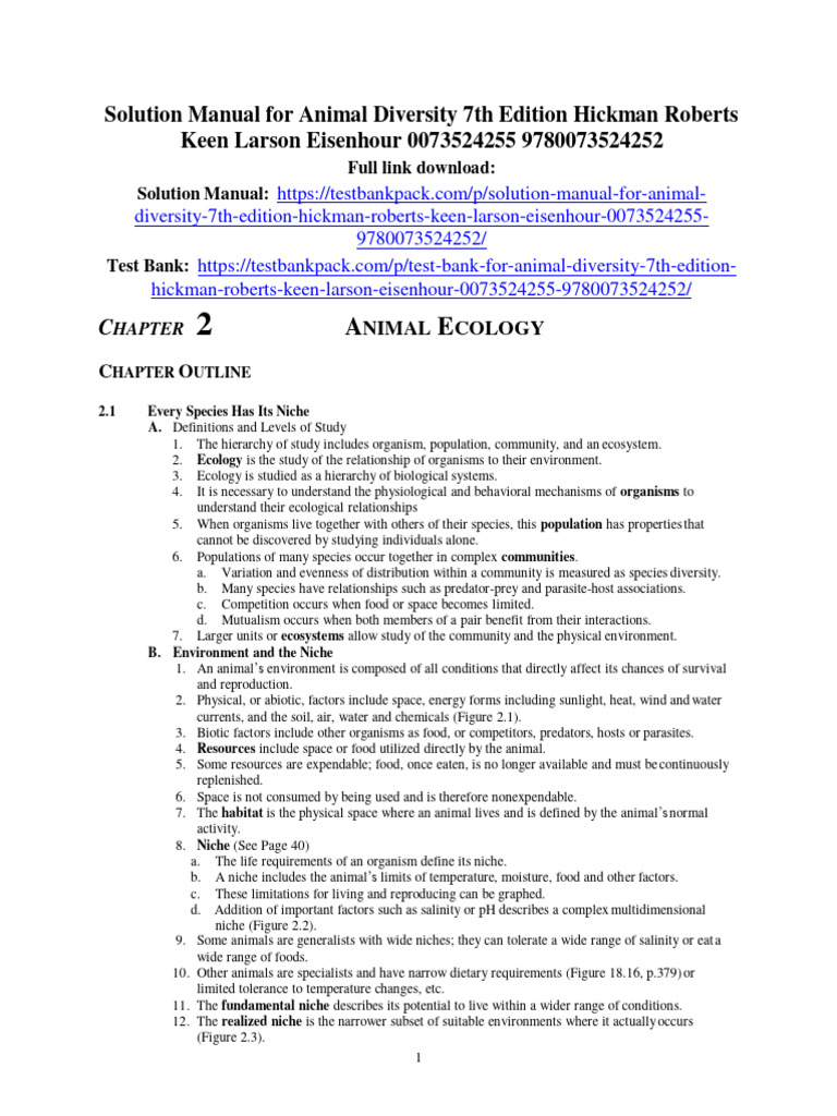 Solution Manual For Animal Diversity 7th Edition Hickman Roberts Keen ...