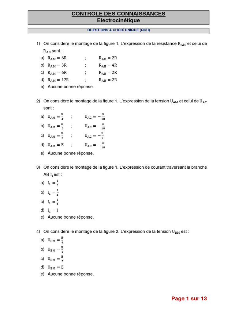 Questionnaire à choix unique en électrocinétique | PDF
