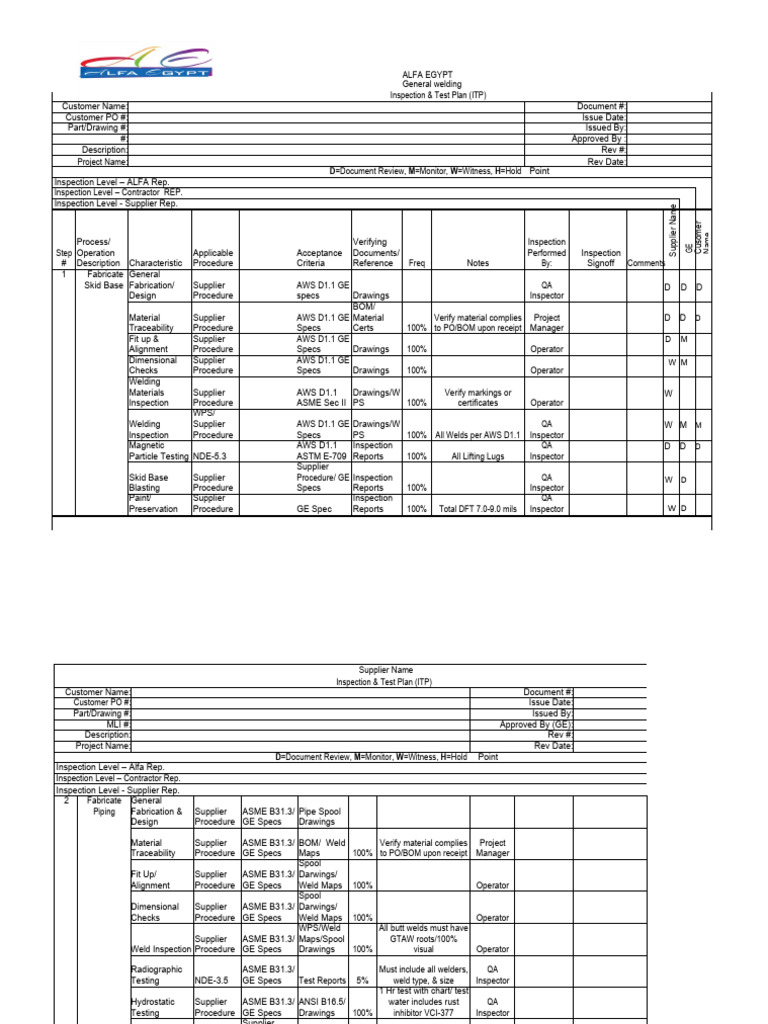 General Welding ITP | PDF