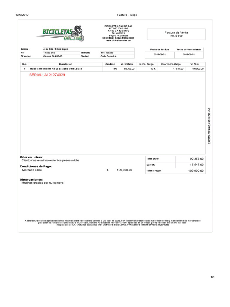 Factura Bicicleta | PDF