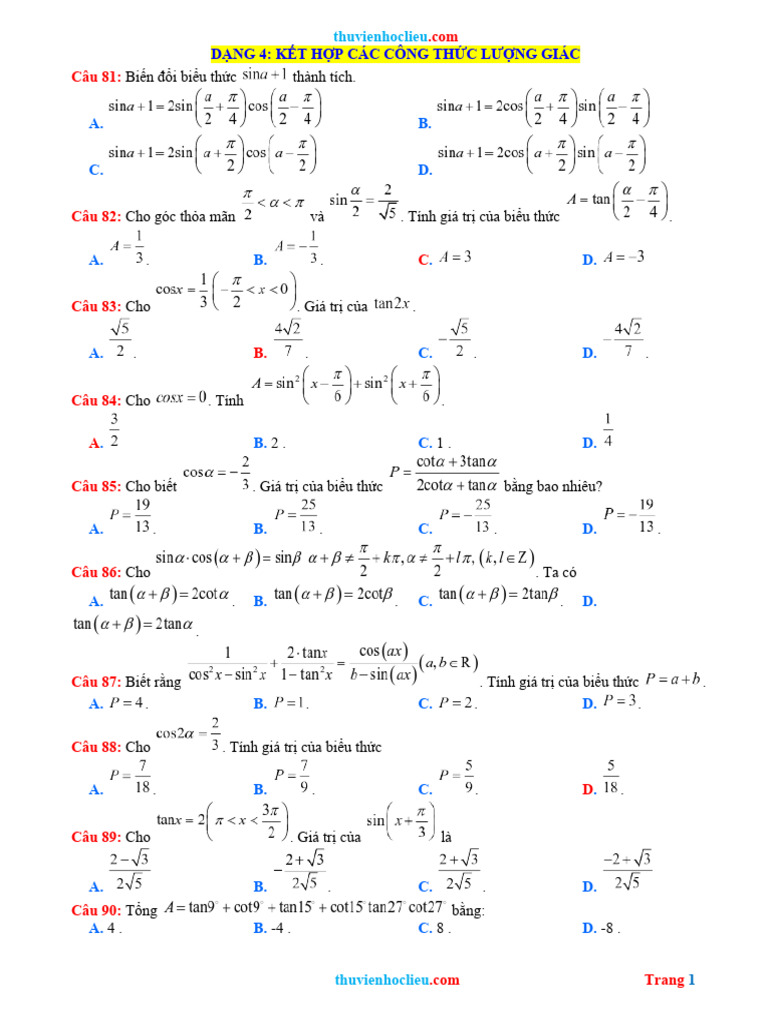 Toan 11 Dang 4 KET HOP CAC CONG THUC LUONG GIAC | PDF