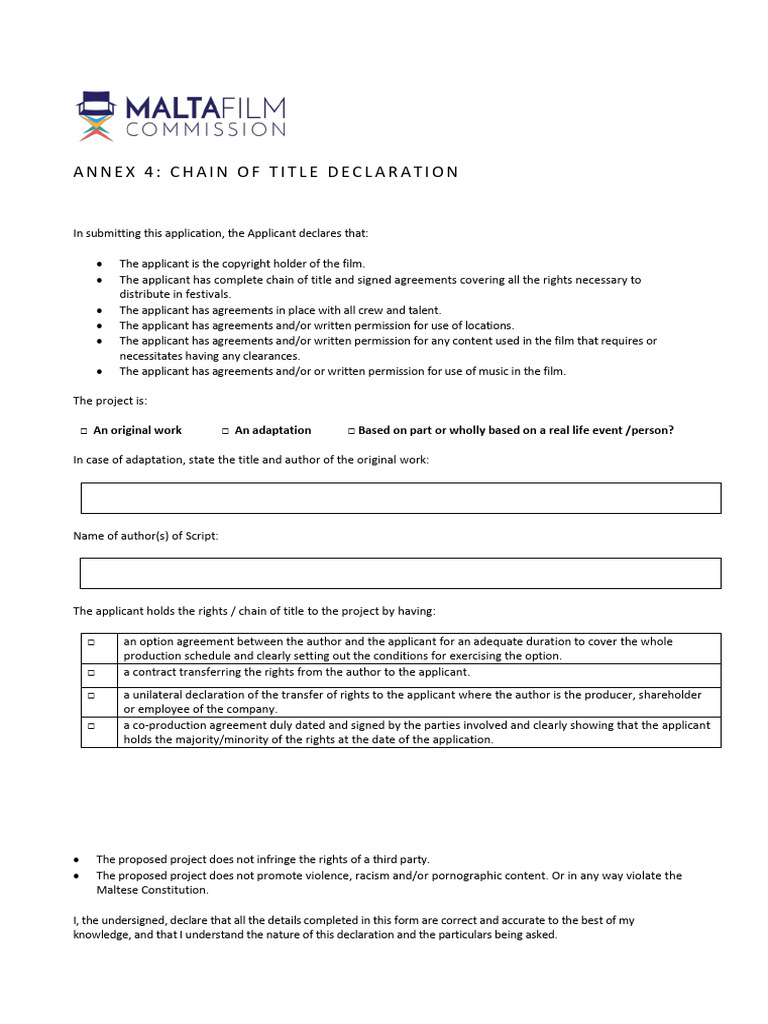 Chain of Title Declaration for Film | PDF