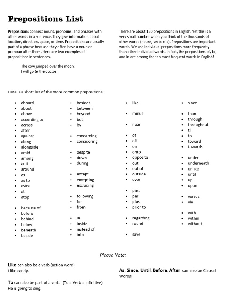 Prepositions Cheat Sheet | PDF