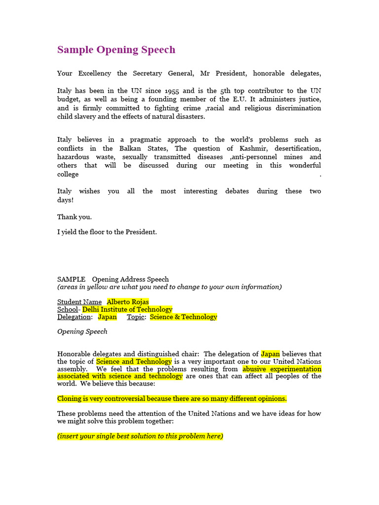 MUN Sample Opening Speeches | PDF