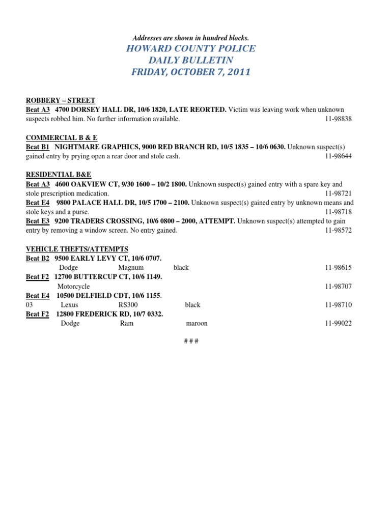 Police Daily Crime Bulletin 20111007 | PDF | Sports & Recreation