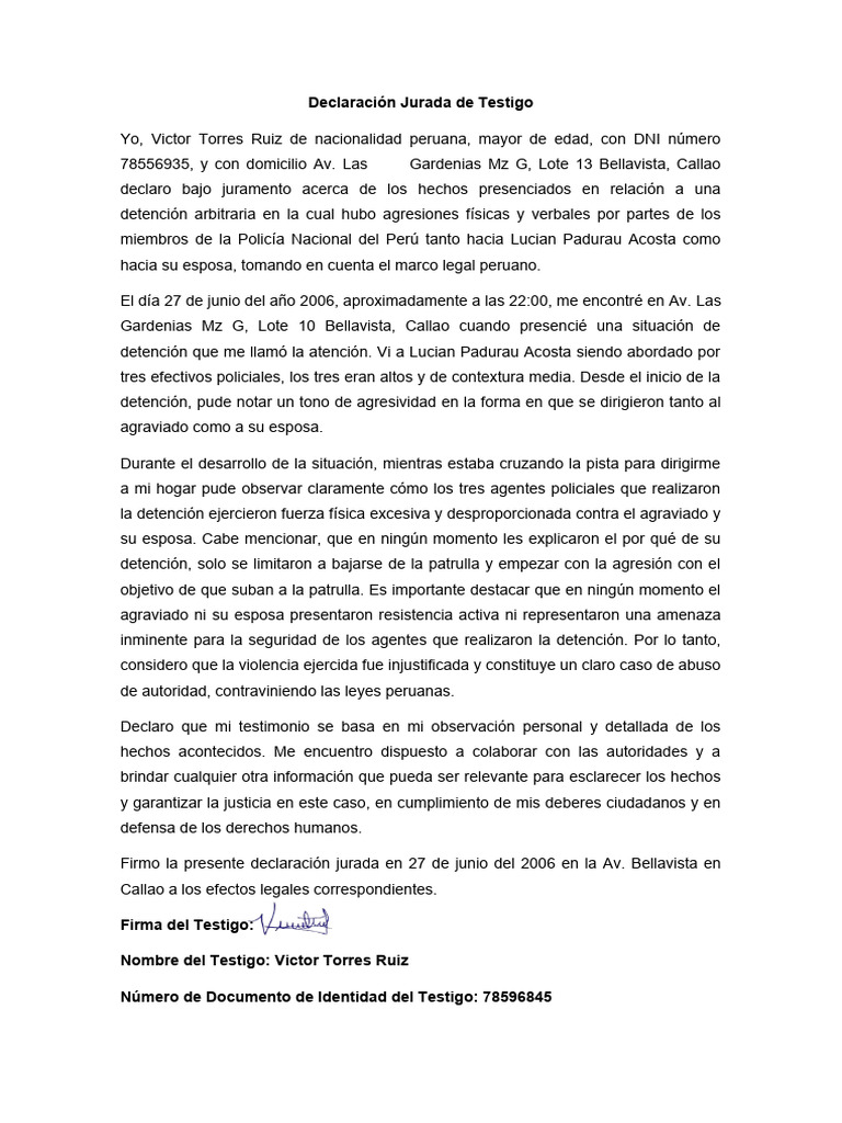 Declaración Jurada de Testigo | PDF | Ficciones de misterio, Declaración Jurada de Testigo | PDF | Ficciones de misterio,