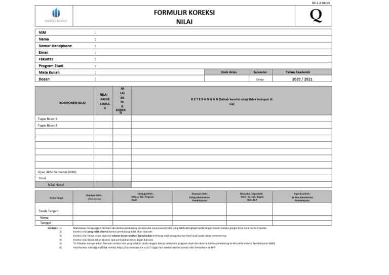 FORMULIR KOREKSI NILAI Pademi | PDF