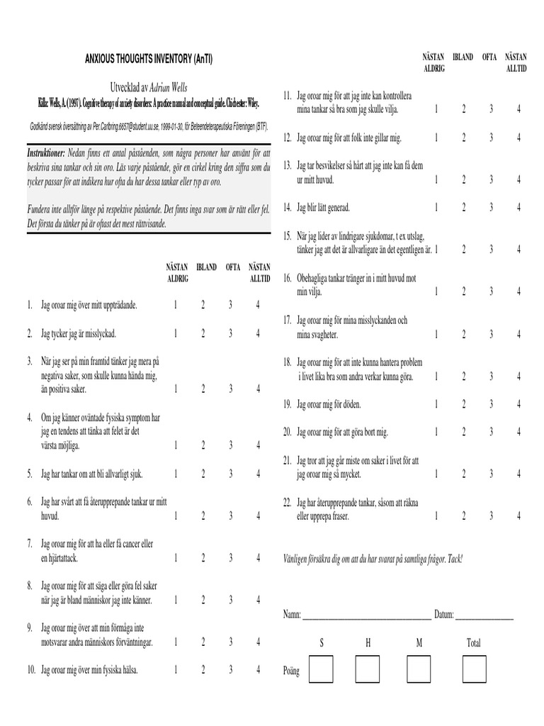 Anxious Thoughts Inventory AnTI | PDF