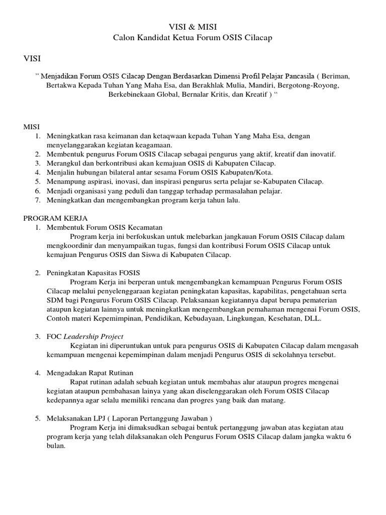 Contoh Visi Misi Ketua Forum OSIS | PDF