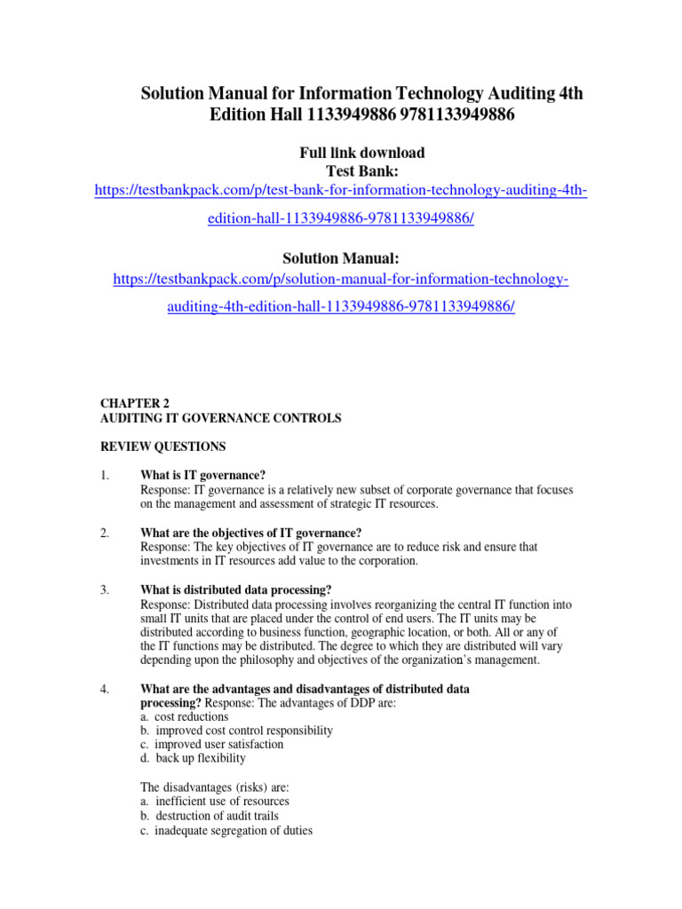 Solution Manual For Information Technology Auditing 4th Edition Hall 1133949886 9781133949886 ...