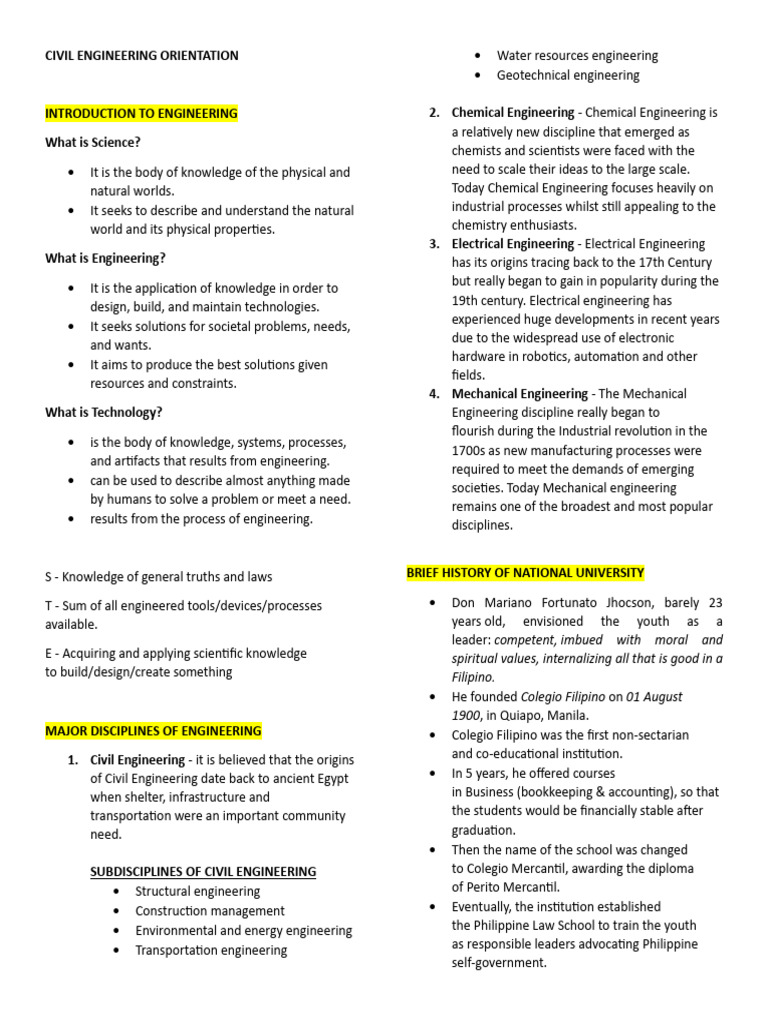 Civil Engineering Orientation Reviewer | PDF