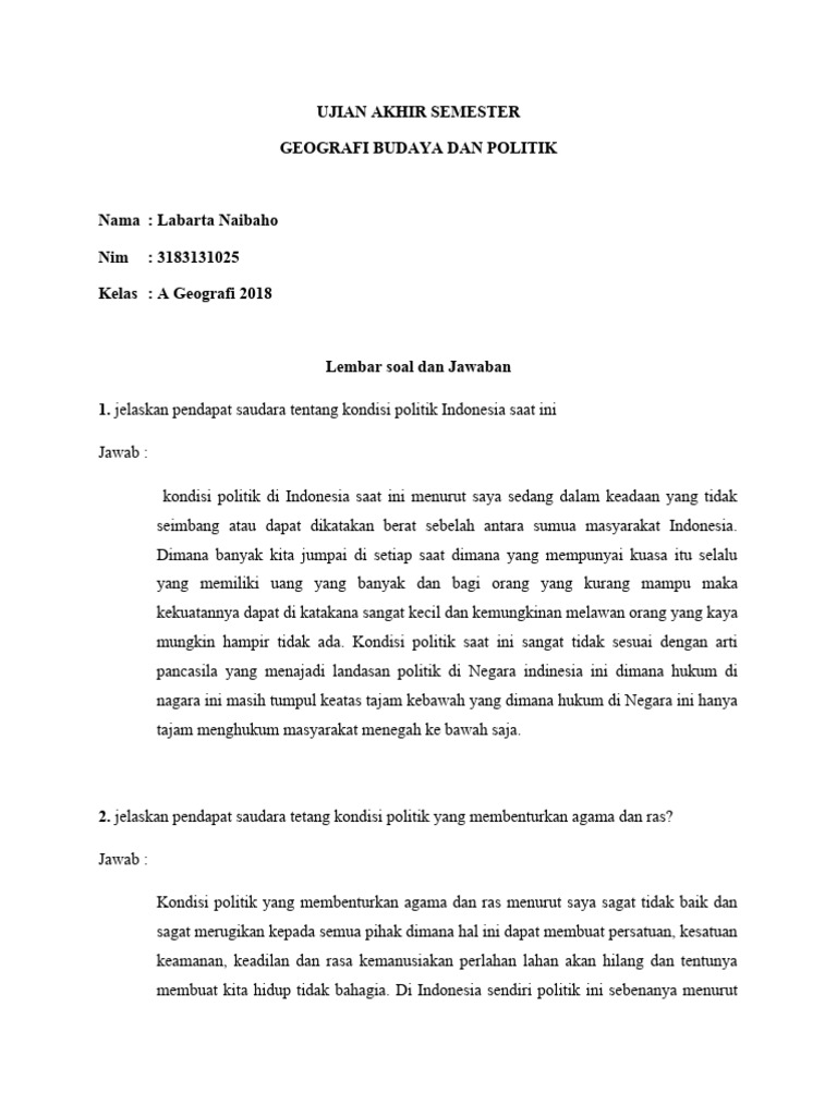 UAS - Geografi Budaya Dan Politik - Labarta Naibaho | PDF
