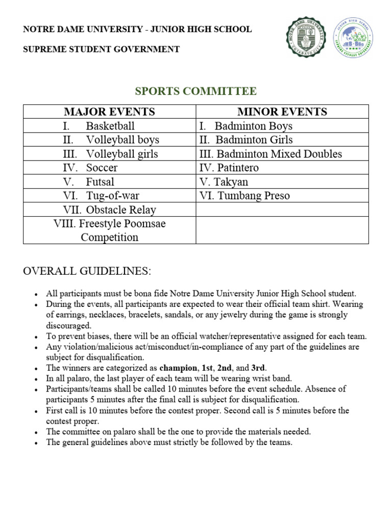 Notre Dame JHS Sports Events Guide | PDF