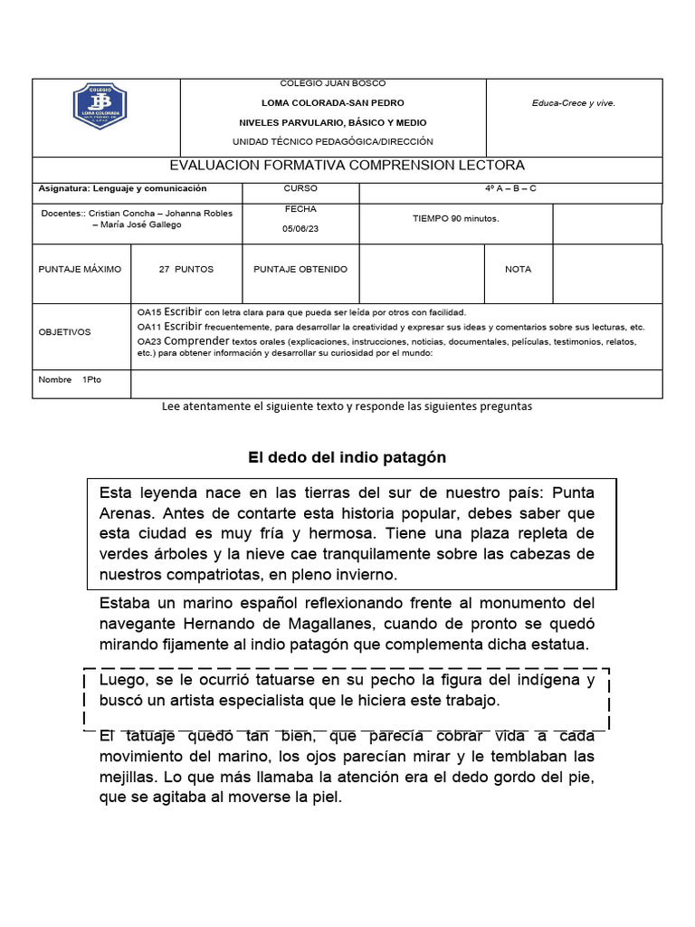 Evaluación Comprensión Lectora 4º Básico | PDF