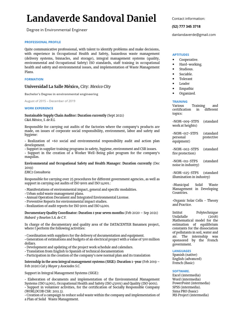 Curriculum Vitae Daniel Landaverde EN | PDF | Occupational Safety And ...