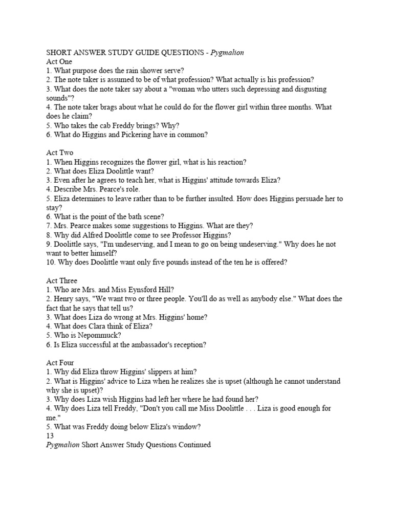 Pygmalion Study Guide Questions | PDF