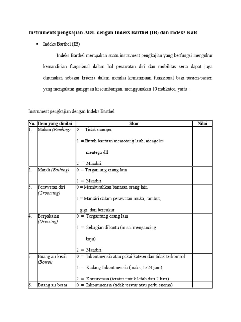 Pengkajian ADL Dengan Indeks Barthel | PDF