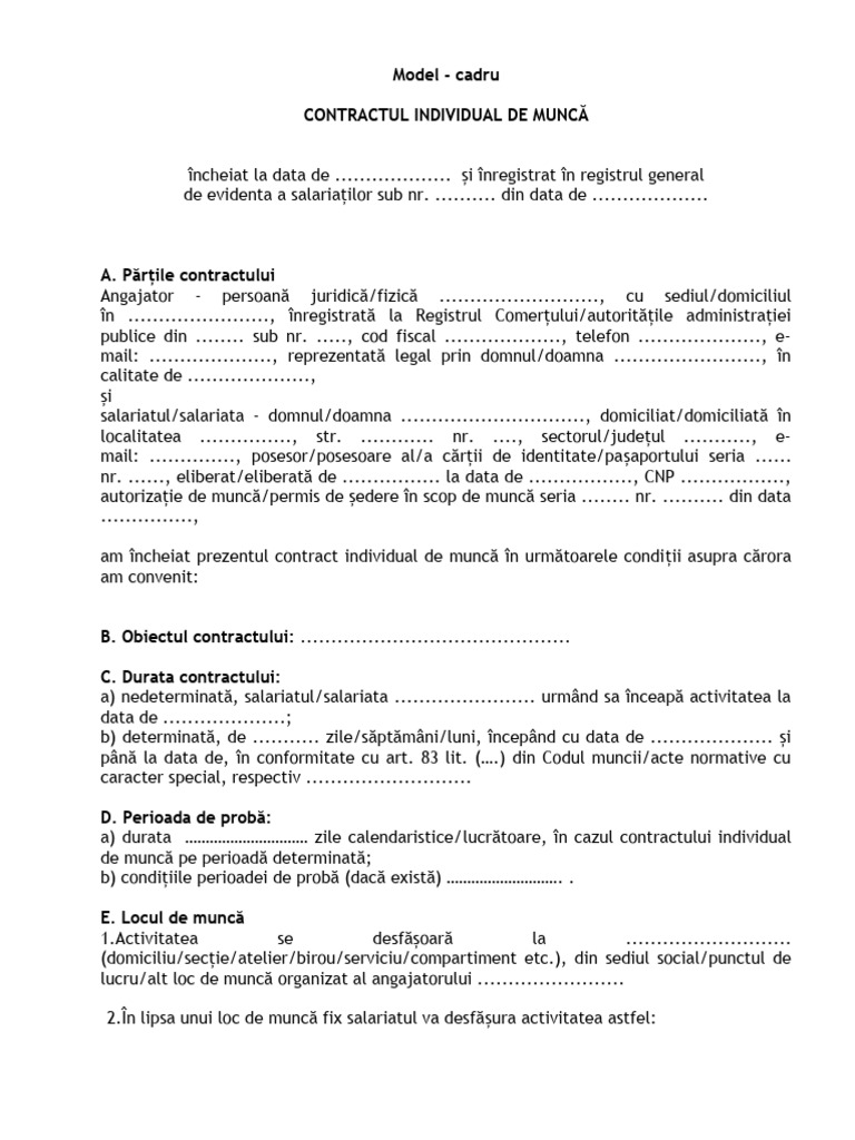 Model Cadru Al Contractului Individual de Munca | PDF