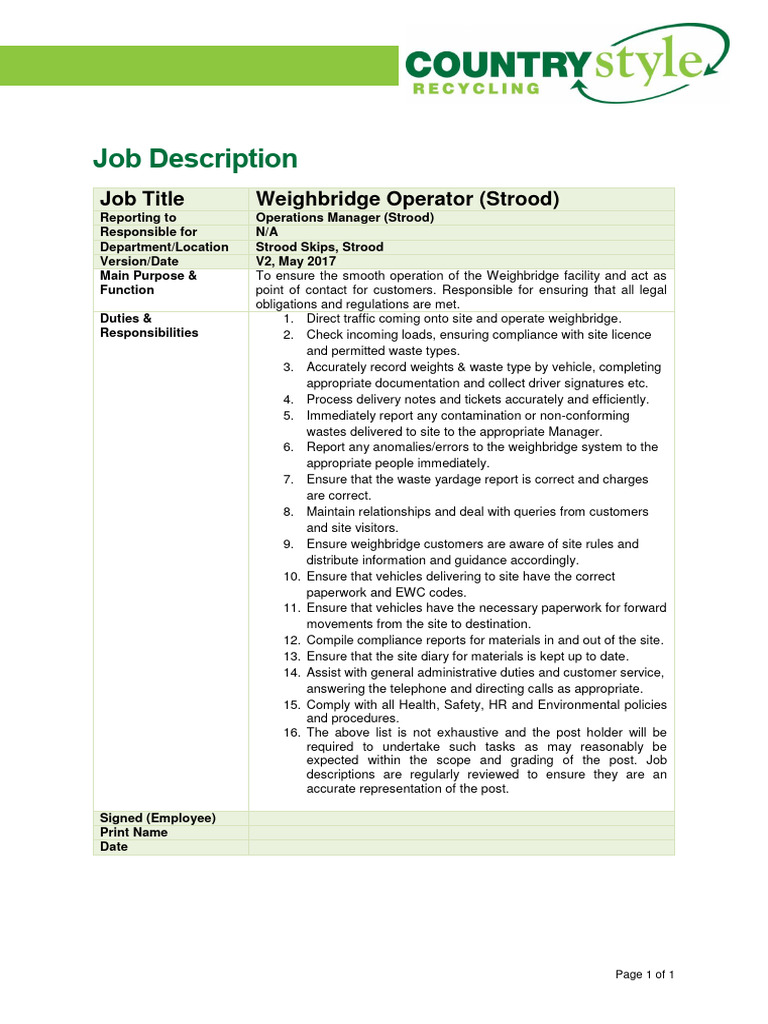 Weighbridge Operator Strood Job Description v2 May 2017 | PDF | Business