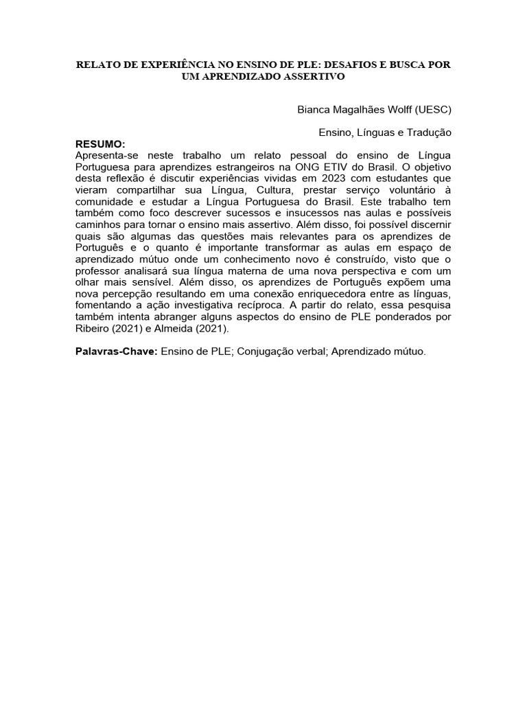 Relato de Experiência No Ensino de Ple | PDF