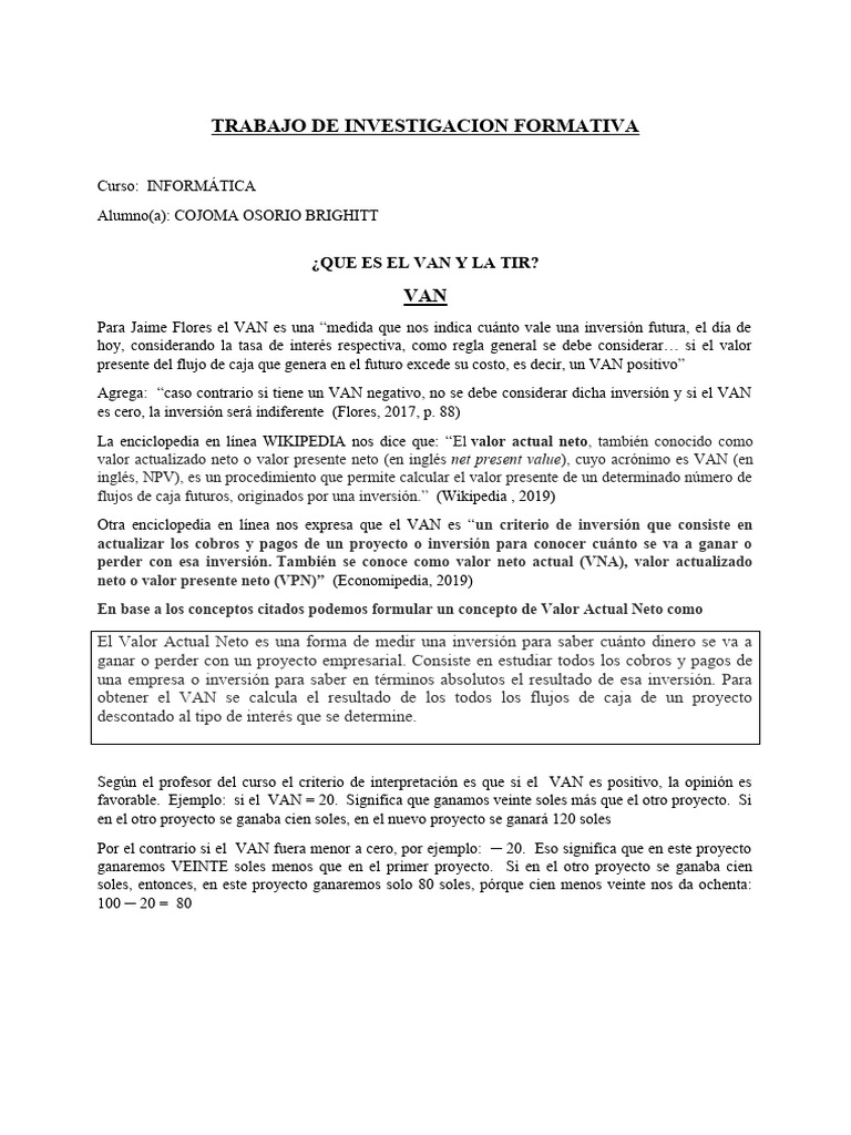INVESTIGACION FORMATIVA Que Es El VAN Y TIR | PDF