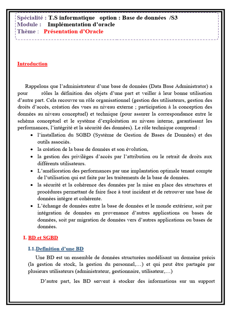 Cours1 Presentation Et Installation Oracle | PDF | SQL | Base de ...