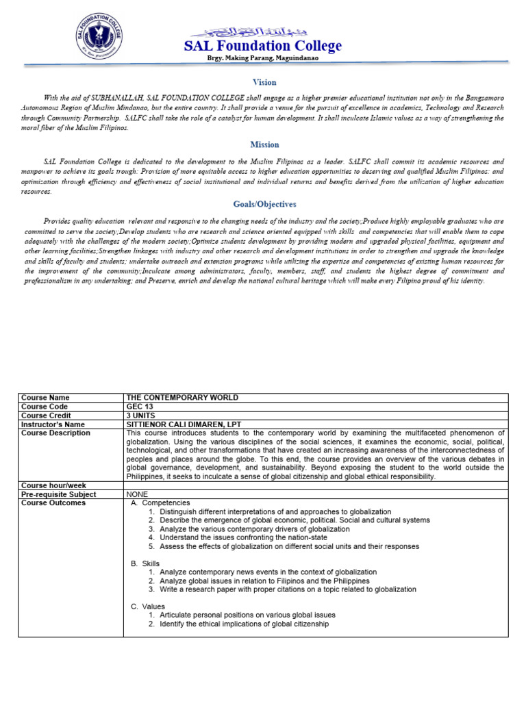 CONTEMPORARY WORLD OBE SYLLABUS Final | PDF CONTEMPORARY WORLD OBE SYLLABUS Final | PDF