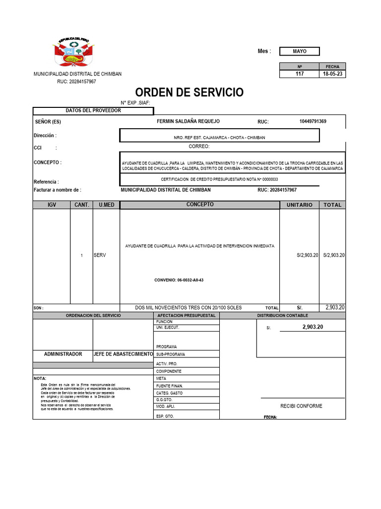 Orden de Servicio N ° 117 Fermin | PDF
