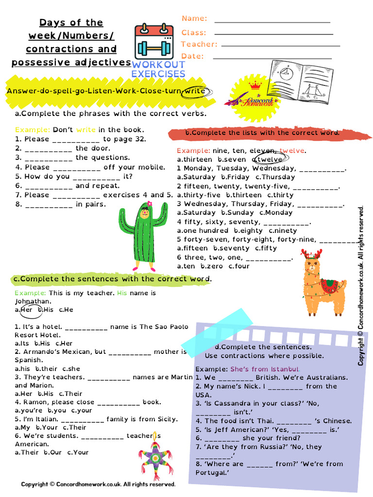 Days of The Week Numbers Contractions Possessive Adjectives Esl Efl ...