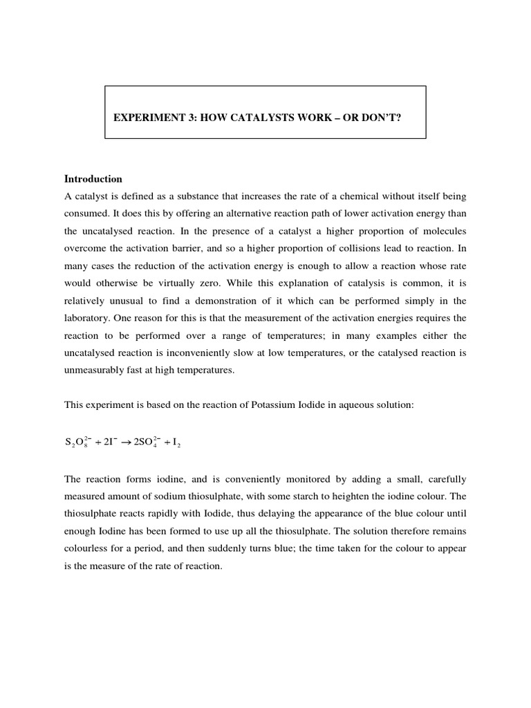 Experiment 3 - How Catalysts Work or Do Not | PDF | Teaching Methods ...
