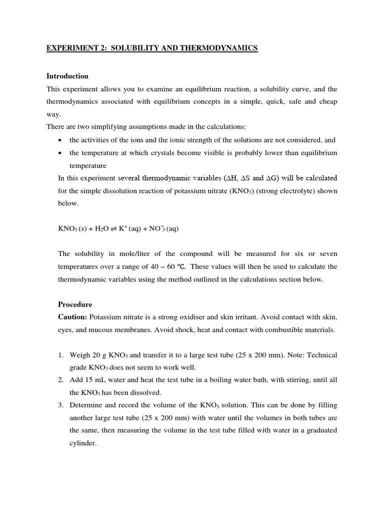 Solubility and Thermodynamics Lab Report | PDF