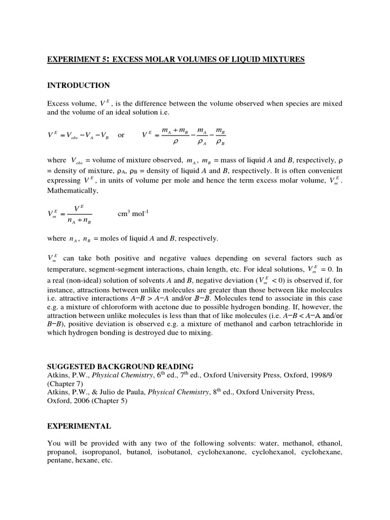 Experiment 5-Excess Molar Volumes | PDF
