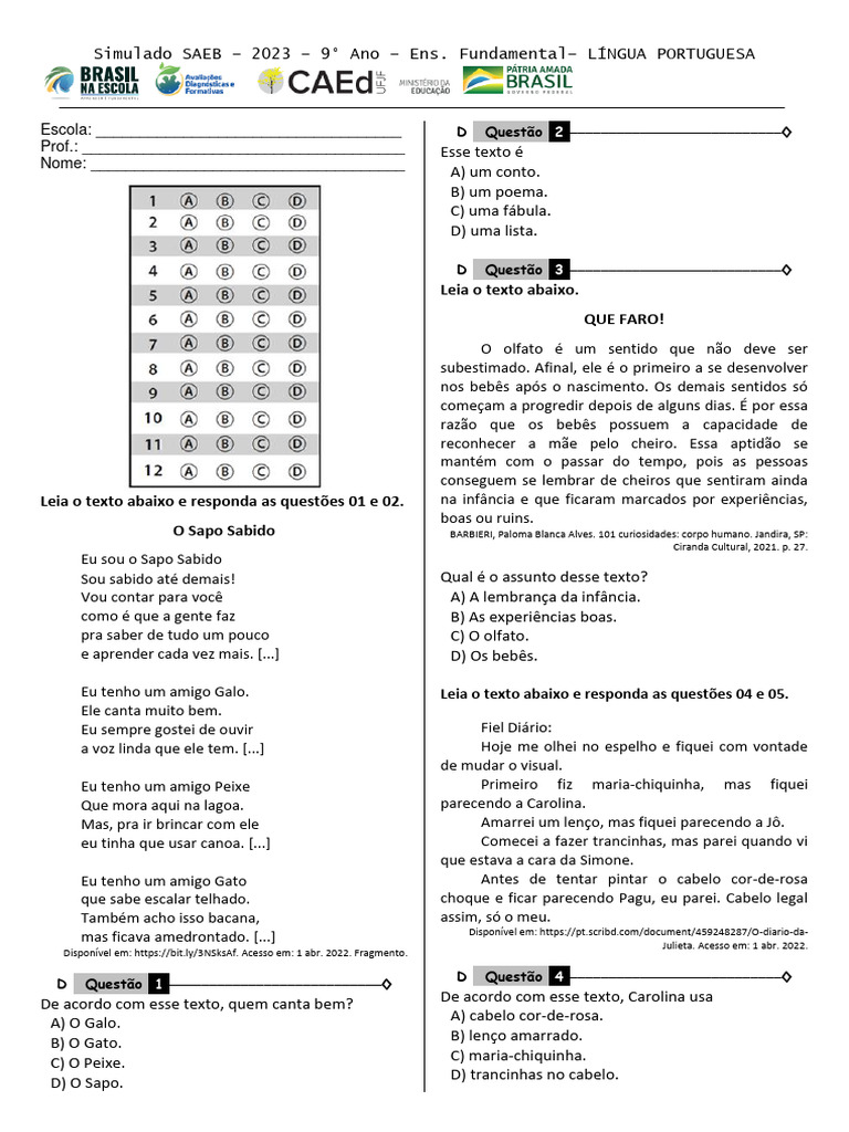 Simulado Saeb 2023 | PDF