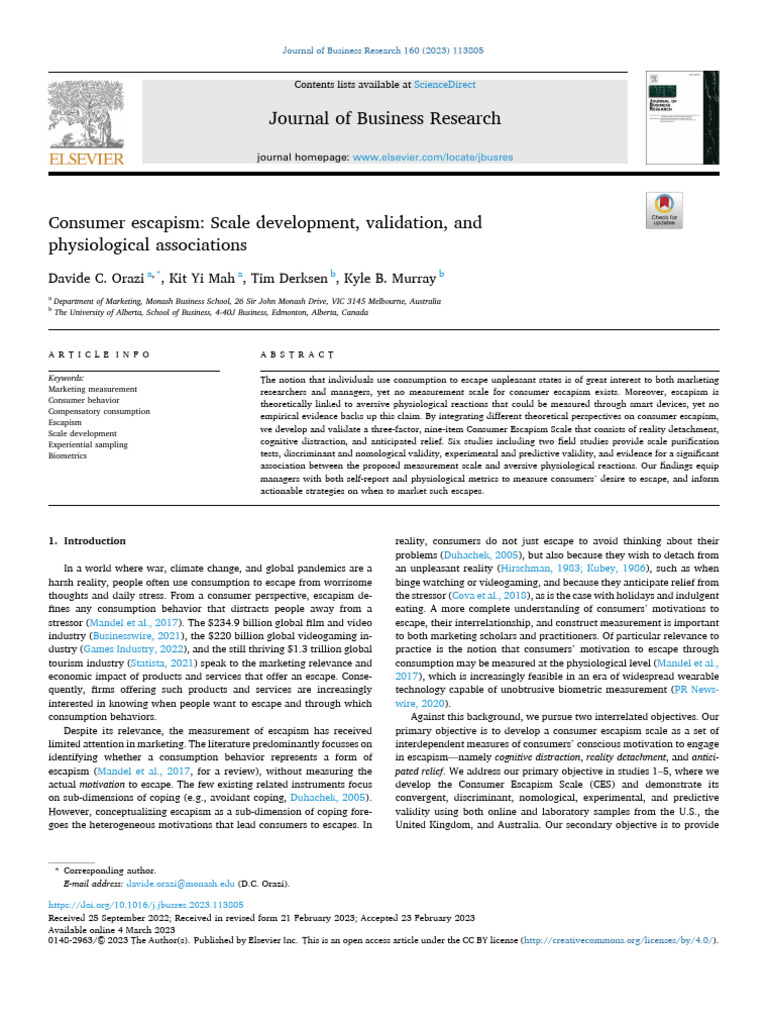 Consumer Escapism - Scale Development, Validation, and Physiological Associations | PDF ...