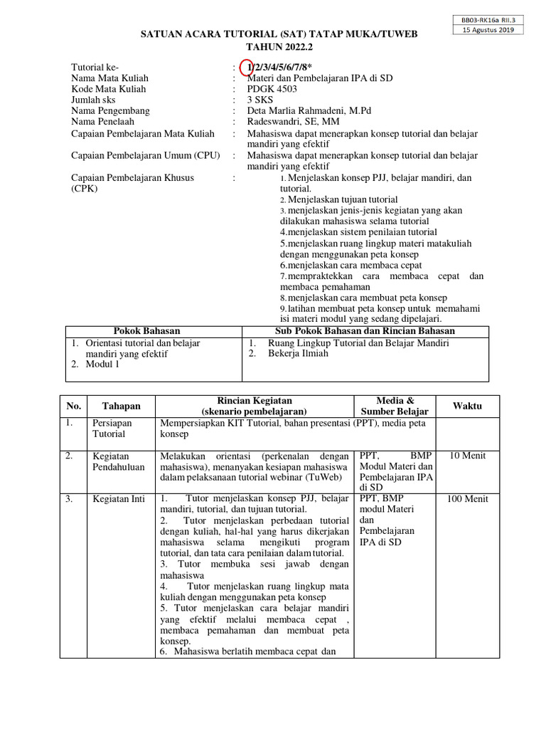 Satuan Acara Tutorial (Sat) Tatap Muka/Tuweb TAHUN 2022.2 1/2/3/4/5/6/7/8 | PDF | Karier ...
