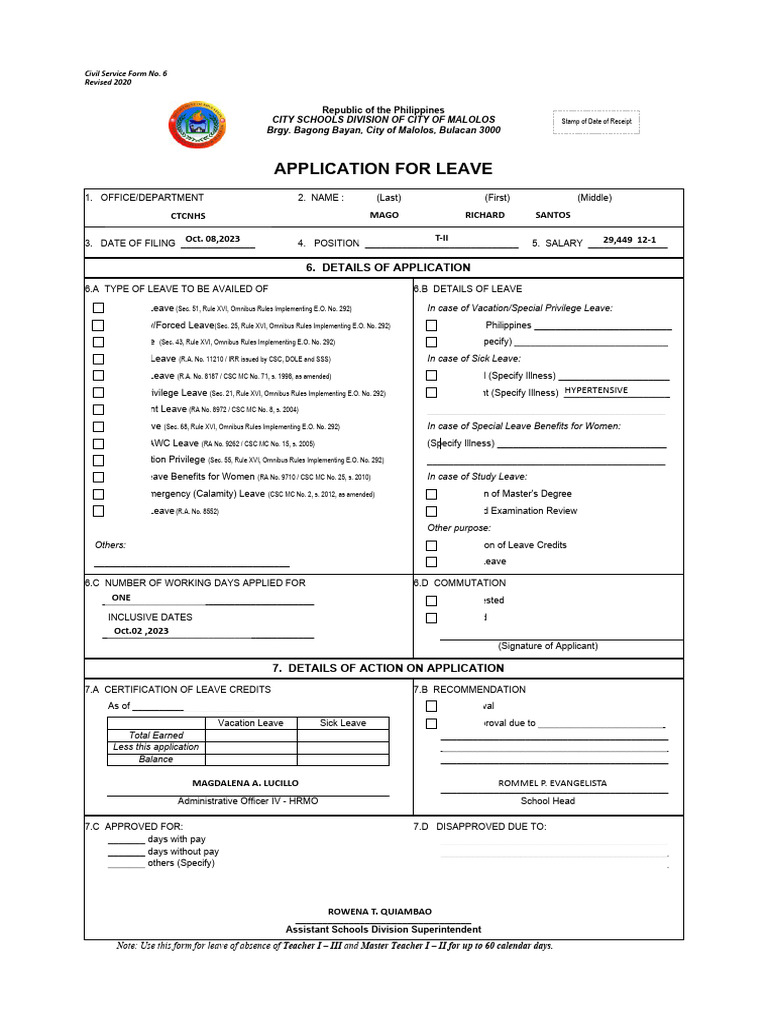 Cs Form No 6 Revised 2020 Application For Leave Fillable 2 1 Pdf