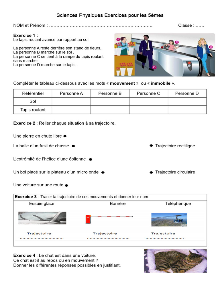 Physique 5eme Feuille Exercices Caracteriser Un Mouvement | PDF
