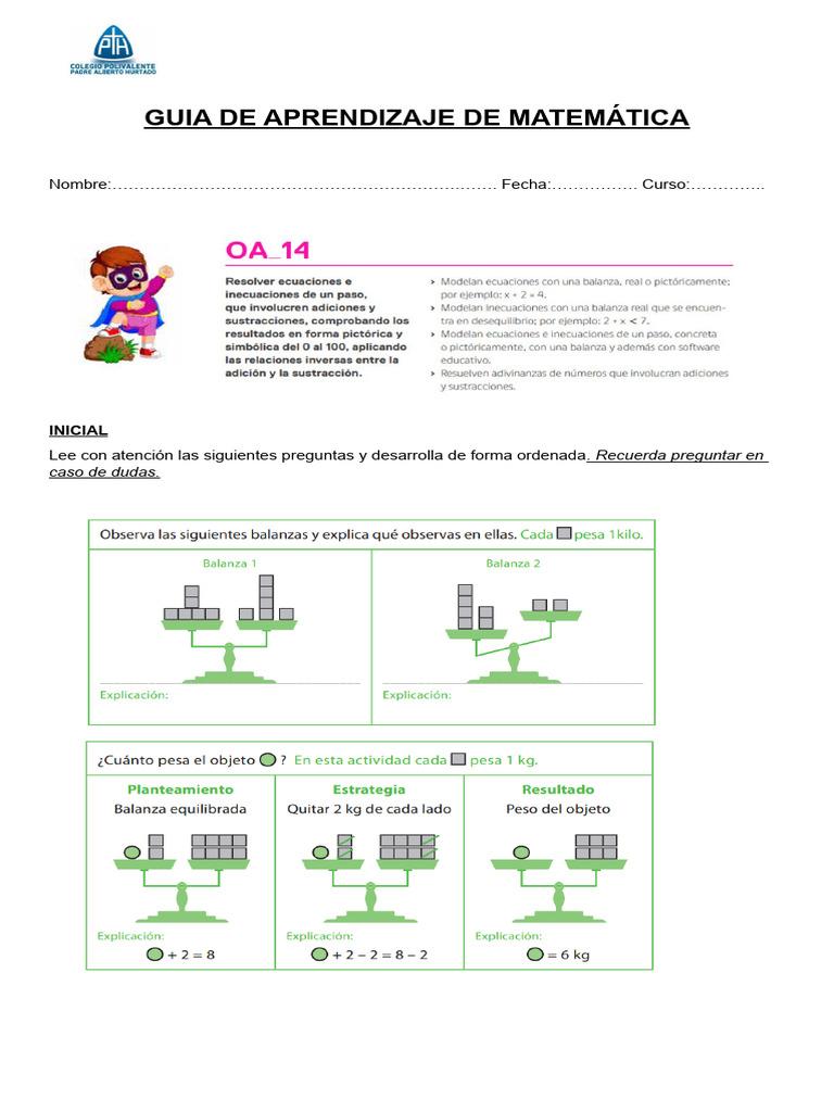 Oa 14 Ecuaciones e Inecuaciones Cuarto Básico | PDF