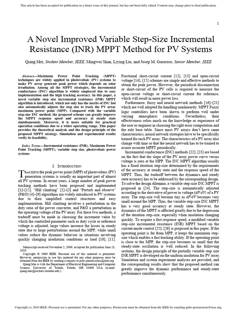 A Novel Improved Variable Step-Size Incremental Resistance (INR) MPPT ...