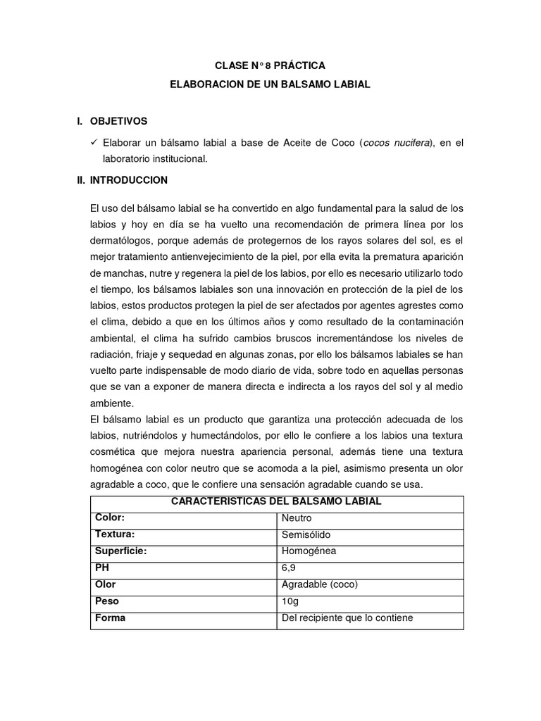 CLASE N° 8 PRÁCTICA N° 5 ELABORACION DE UN BALSAMO LABIAL | PDF