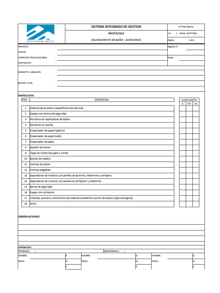 Int-For-Obc-01 Protocolo de Equipamiento de Baño - Accesorios | PDF
