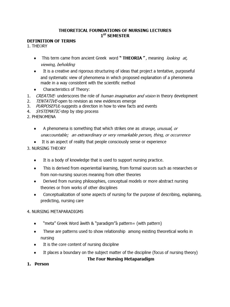 Theoretical Foundations of Nursing 1ST Semester Lectures | PDF